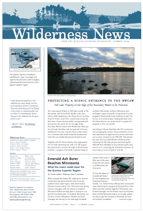 Summer 2009 Issue of Wilderness News | Quetico Superior Wilderness News